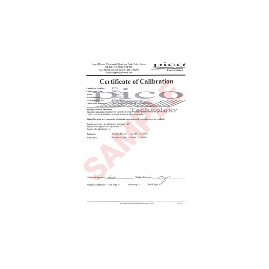 Pico Technology CC008 Calibration Certificate, For Voltage Input Data ...